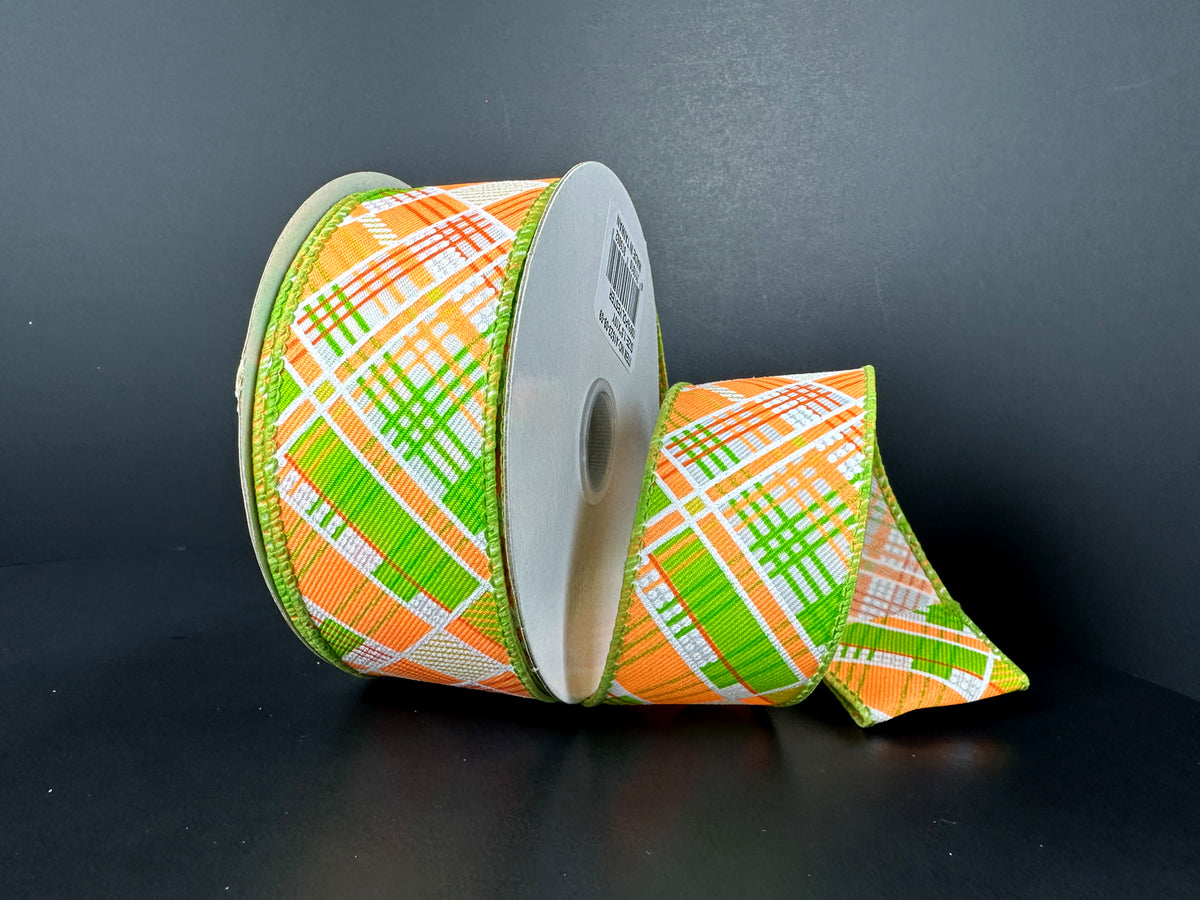 1.5" x 10yds Neon Orange Lime White Diagonal Cabot Printed Plaid ...