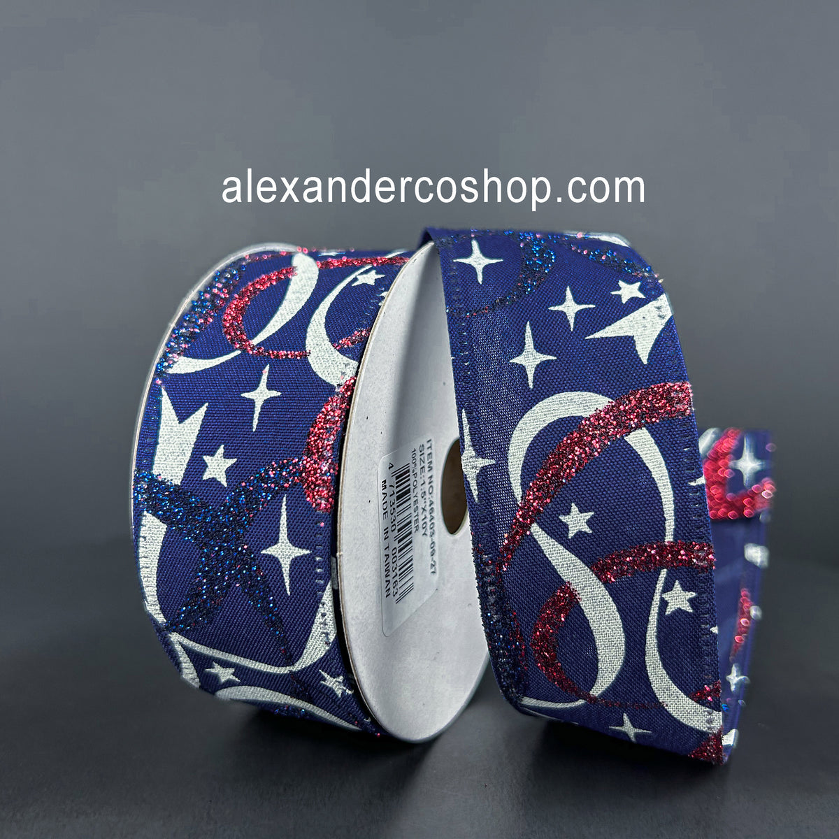 1.5" x 10 yd Navy Red-Blue Glitter White Star Wired Ribbon – Alexander ...